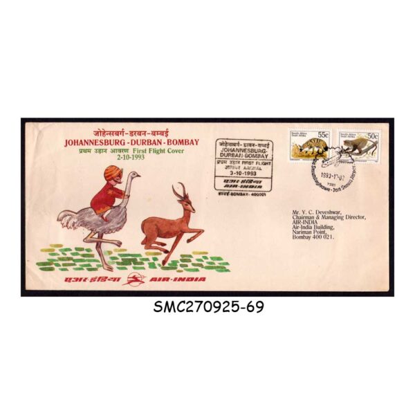 Stamps from INDIA - 1993 AIR-INDIA AIRLINES JOHANNESBURG to DURBAN to ...